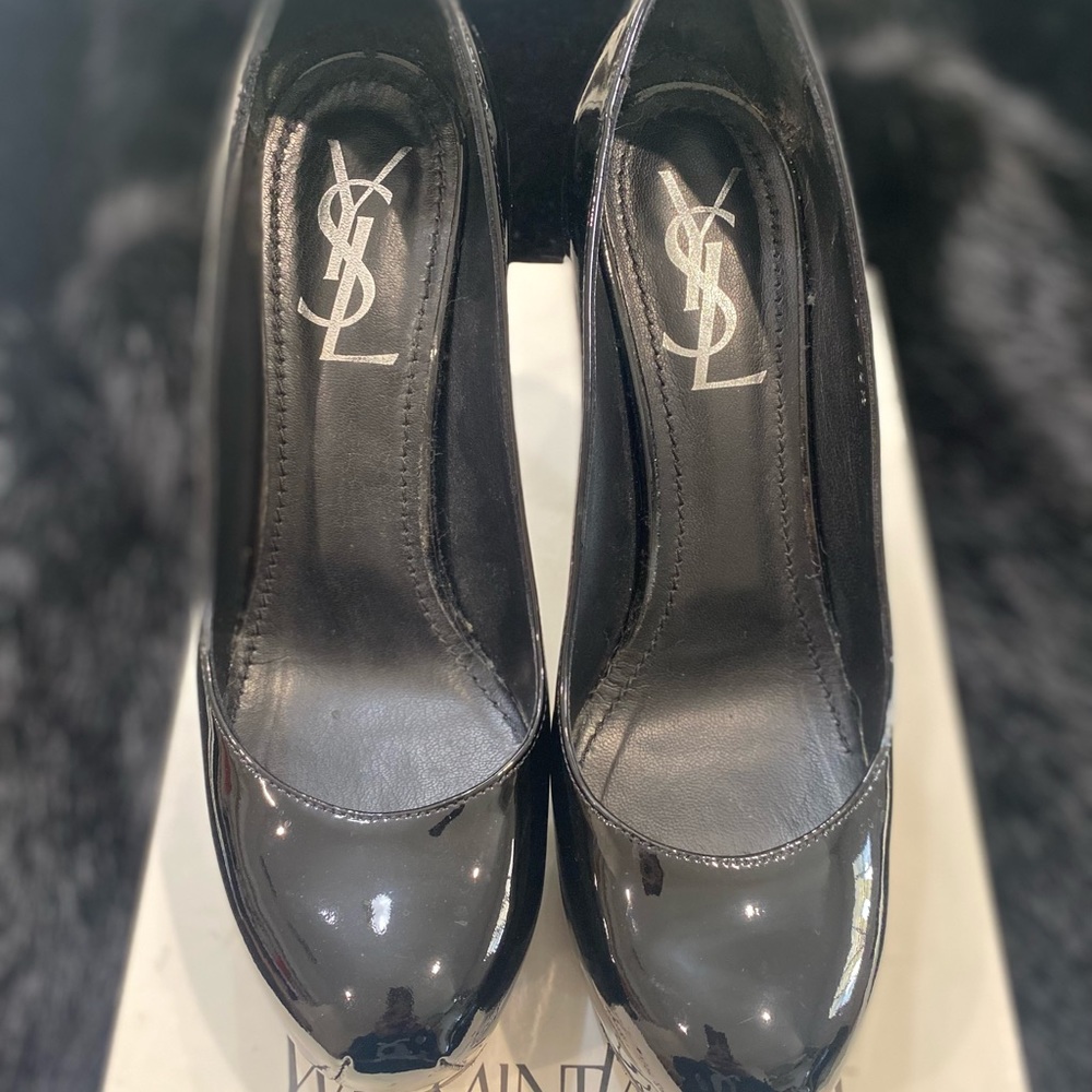 Ysl Black Patent Toe Platform Pumps. - Gem